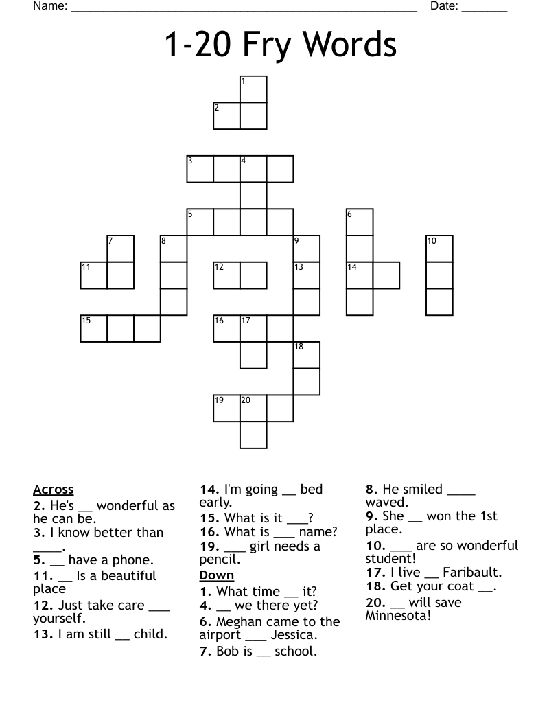 1-20 Fry Words Crossword - WordMint