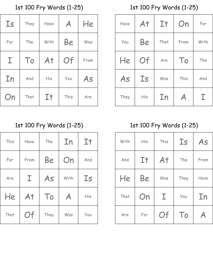 1st 100 Fry Words (1-25) Bingo Cards - WordMint