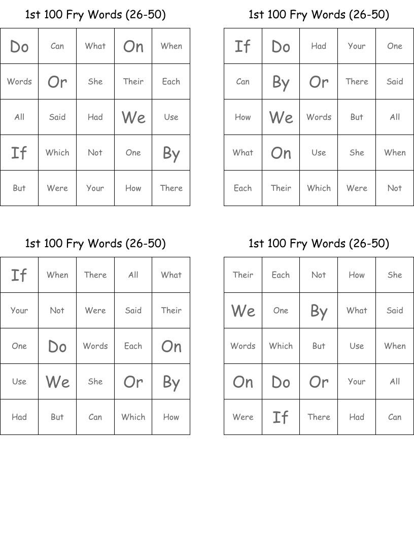 1st 100 Fry Words (26-50) Bingo Cards - WordMint