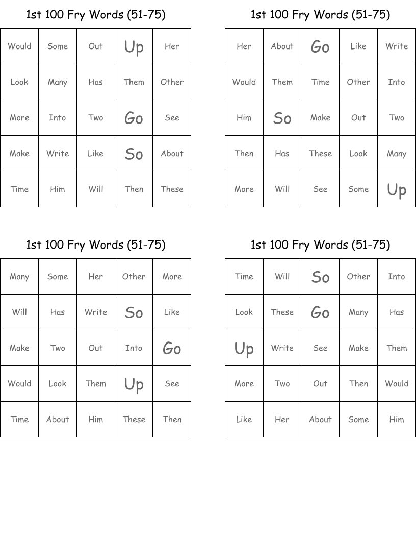 1st 100 Fry Words (51-75) Bingo Cards - WordMint