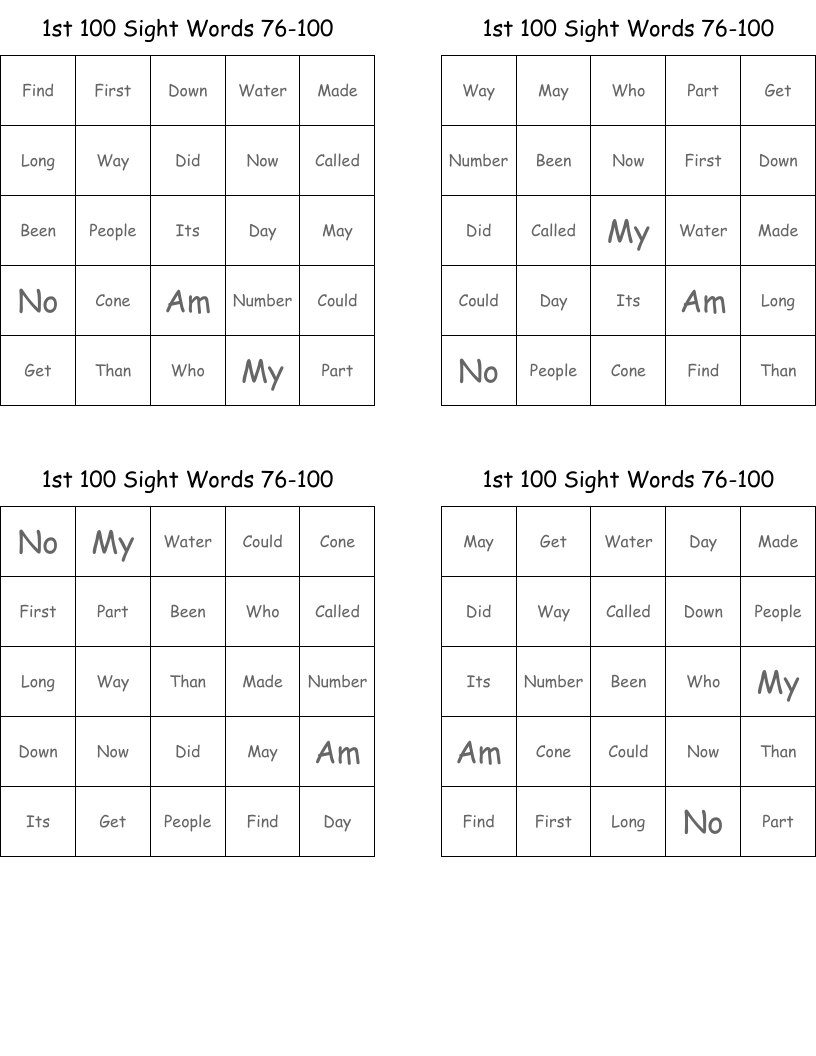 1st 100 Sight Words 76-100 Bingo Cards - WordMint