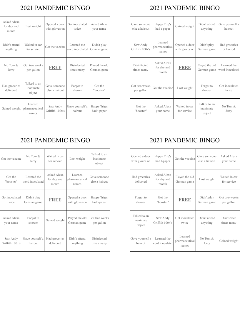 2021 PANDEMIC BINGO - WordMint