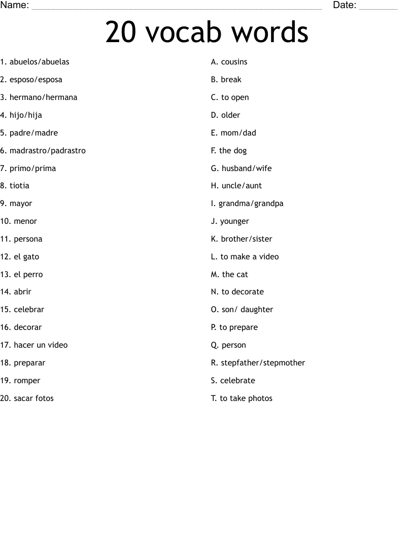 20 vocab words Worksheet - WordMint