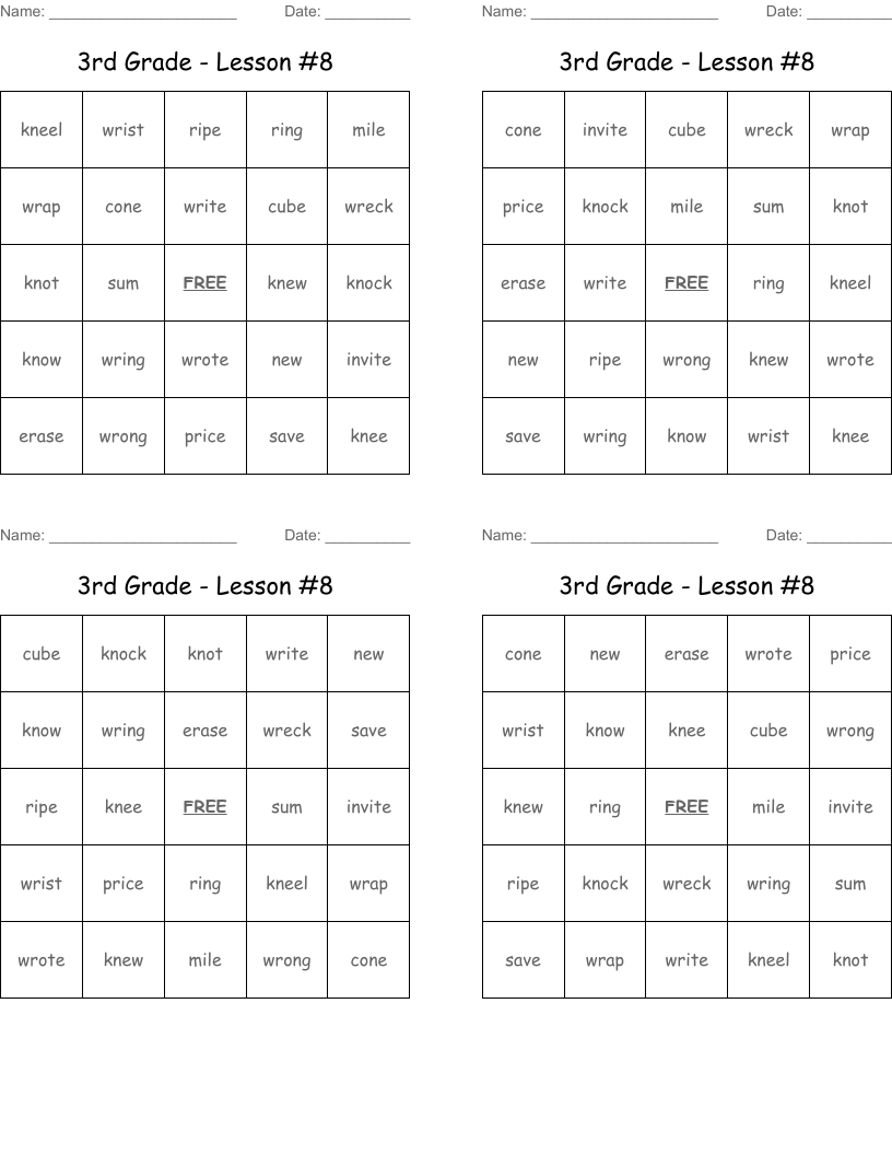 3rd Grade - Lesson #8 Bingo Cards - WordMint