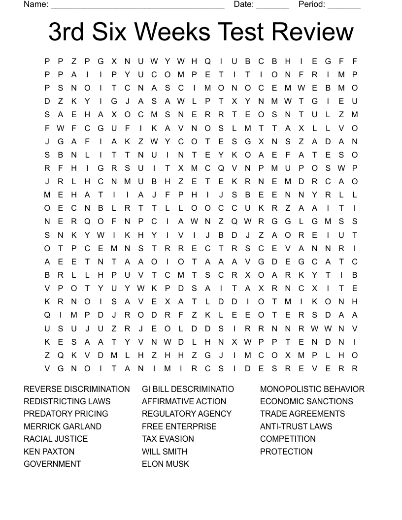3rd Six Weeks Test Review Word Search - WordMint