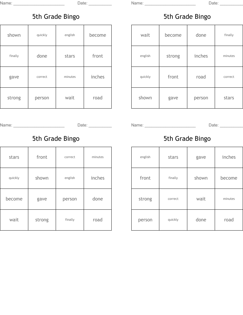 5th Grade Bingo - WordMint