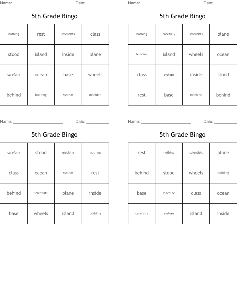 5th Grade Bingo - WordMint