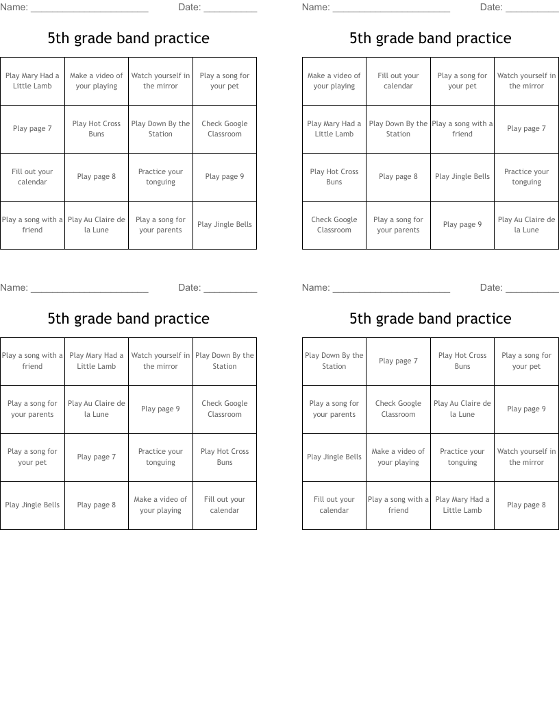 5th grade band practice Bingo Cards - WordMint