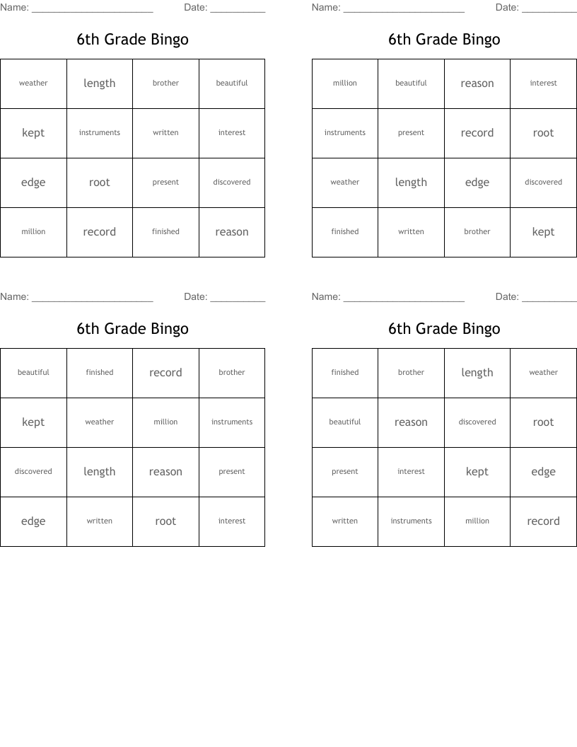 6th Grade Bingo - WordMint