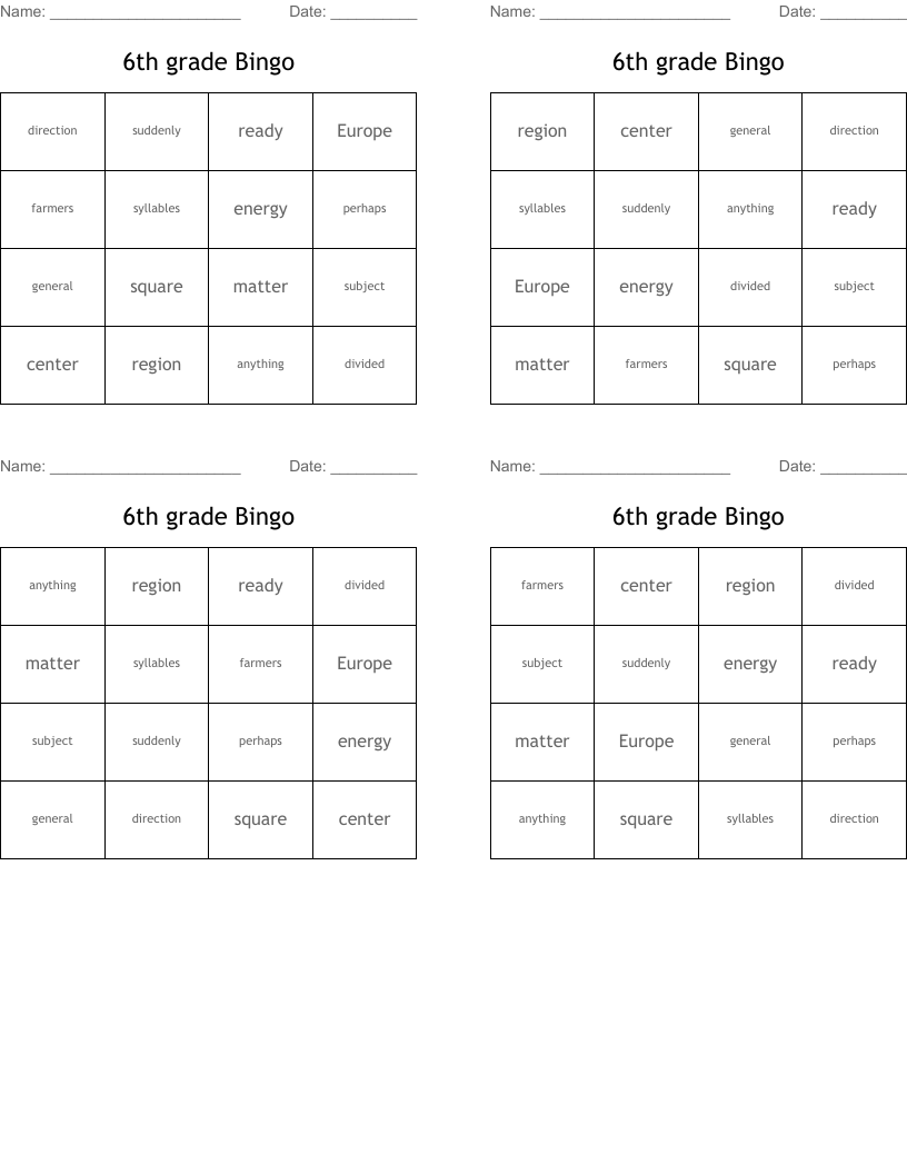 6th grade Bingo - WordMint