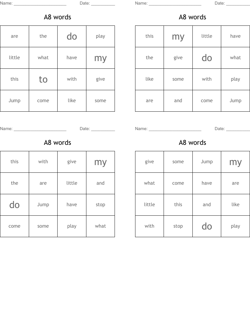 A8 words Bingo Cards - WordMint