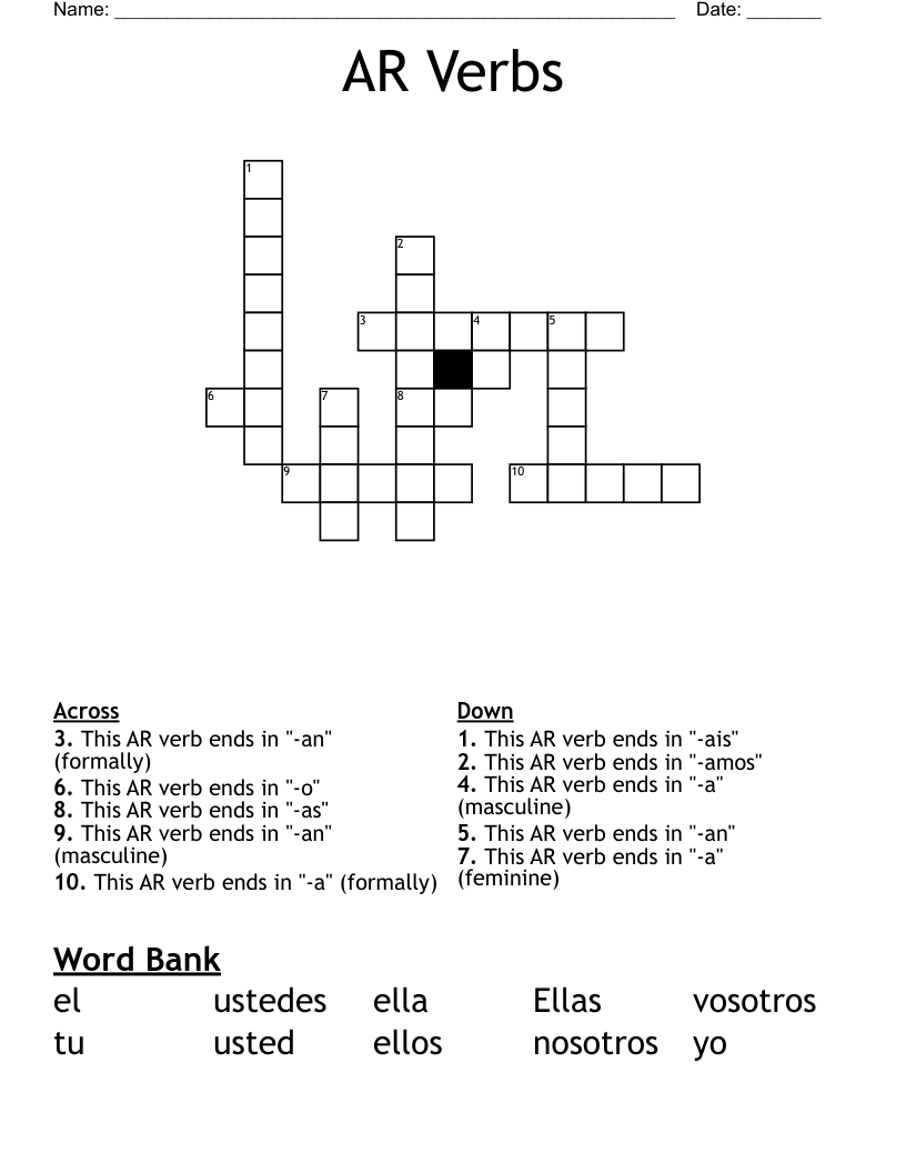 AR Verbs Crossword - WordMint