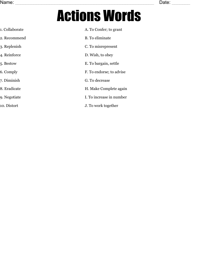 Actions Words Worksheet - WordMint