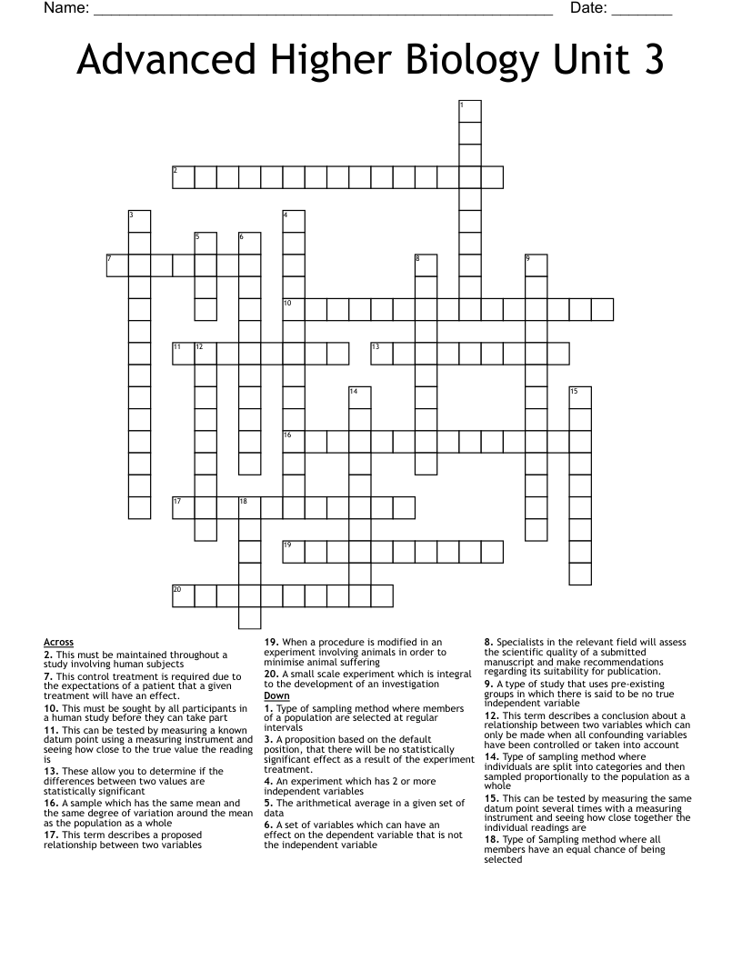 Advanced Higher Biology Unit 3 Crossword - WordMint