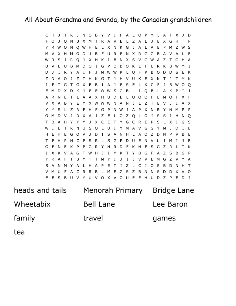All About Grandma and Granda, by the Canadian grandchildren Word Search ...