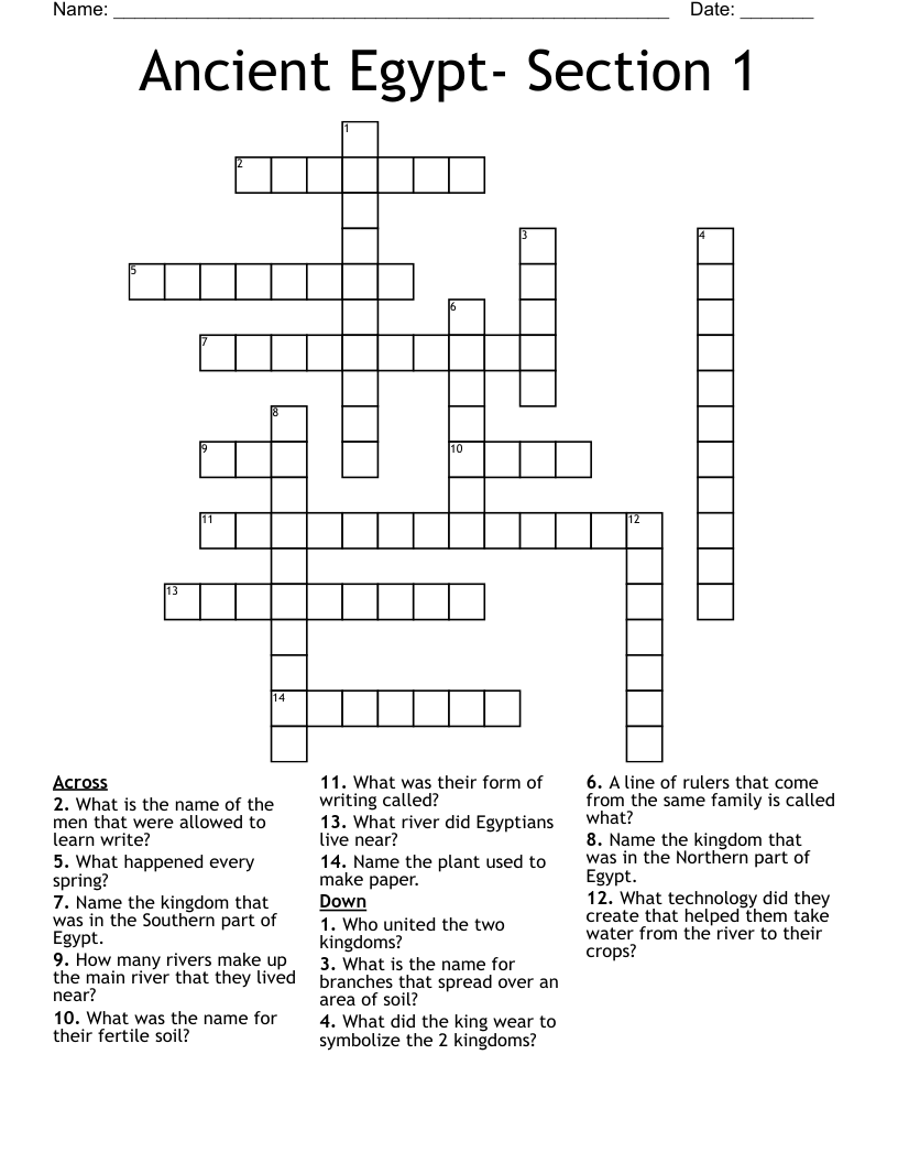 Ancient Egypt- Section 1 Crossword - WordMint