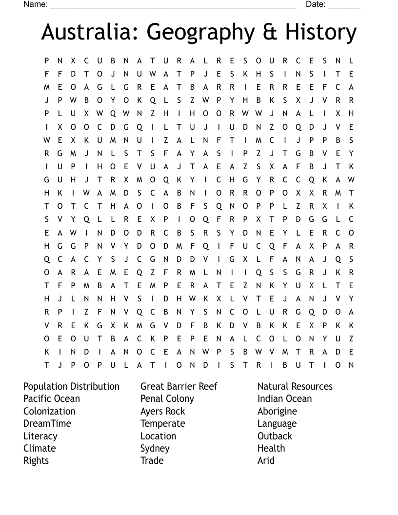 Australia: Geography & History Word Search - WordMint