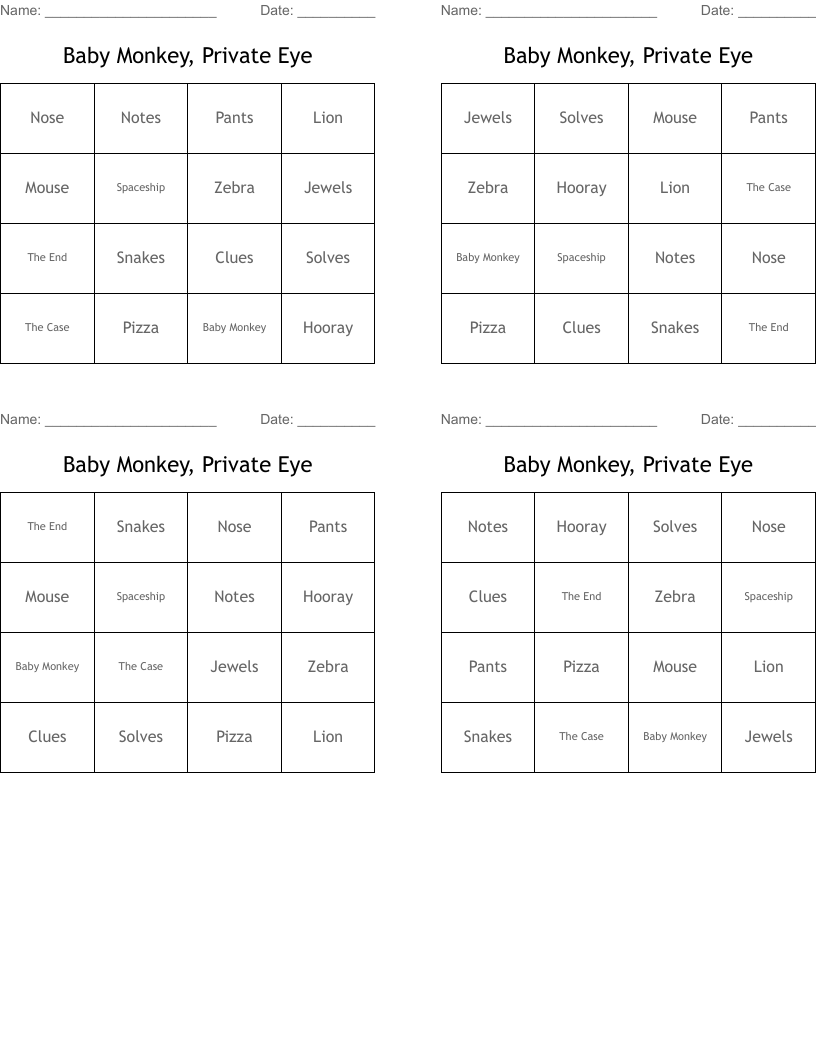 Baby Monkey, Private Eye Bingo Cards - WordMint