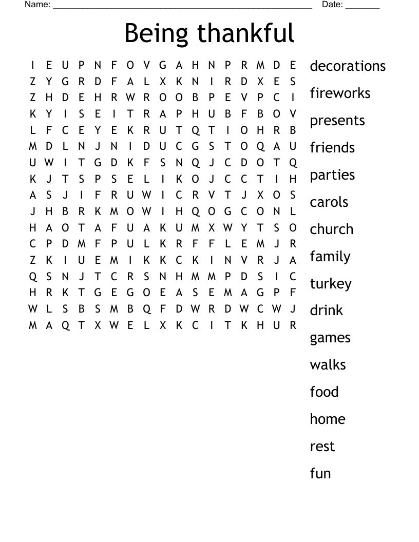 Being thankful Word Search - WordMint