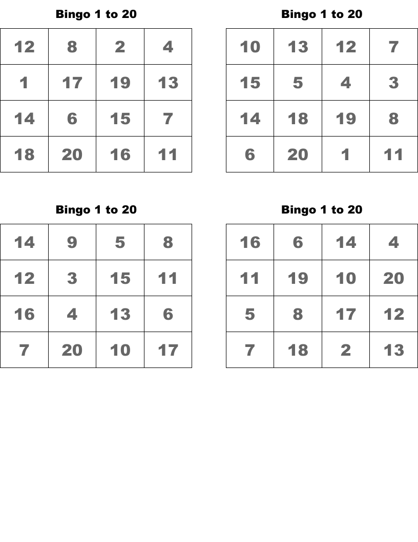 Bingo 1 to 20 - WordMint