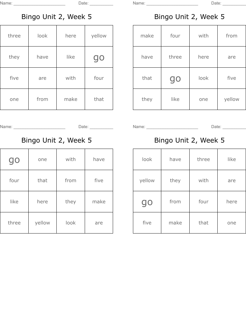 Bingo Unit 2, Week 5 - WordMint