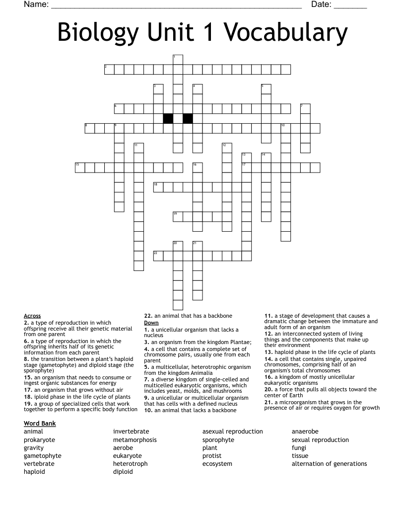 Biology Unit 1 Vocabulary Crossword - WordMint