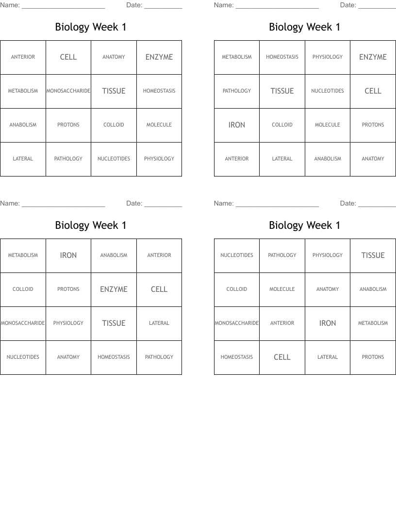 Biology Week 1 Bingo Cards - WordMint