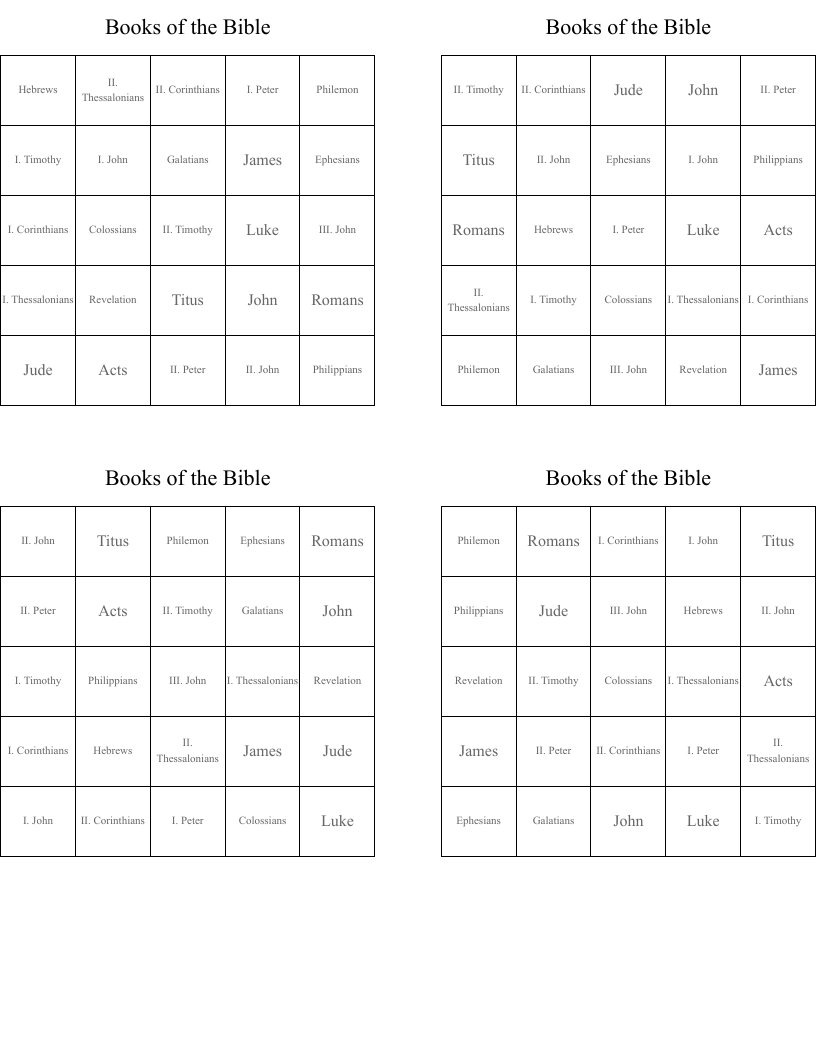 Books of the Bible Bingo Cards - WordMint