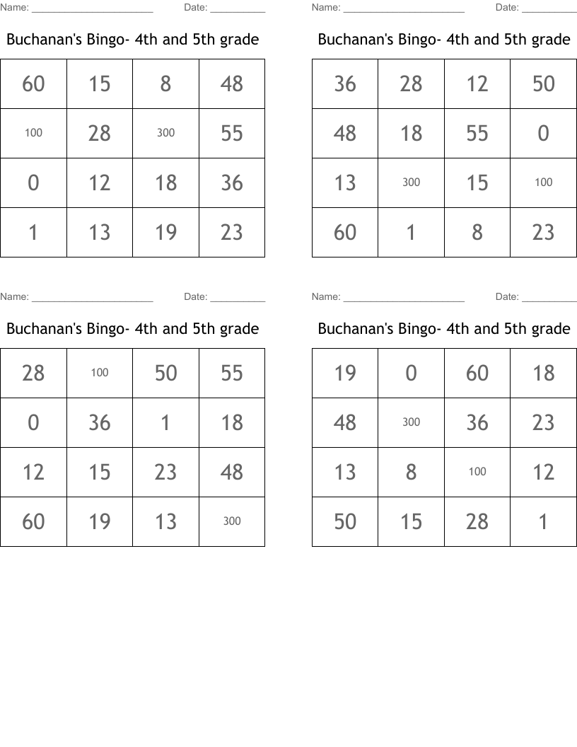 Buchanan's Bingo- 4th and 5th grade - WordMint