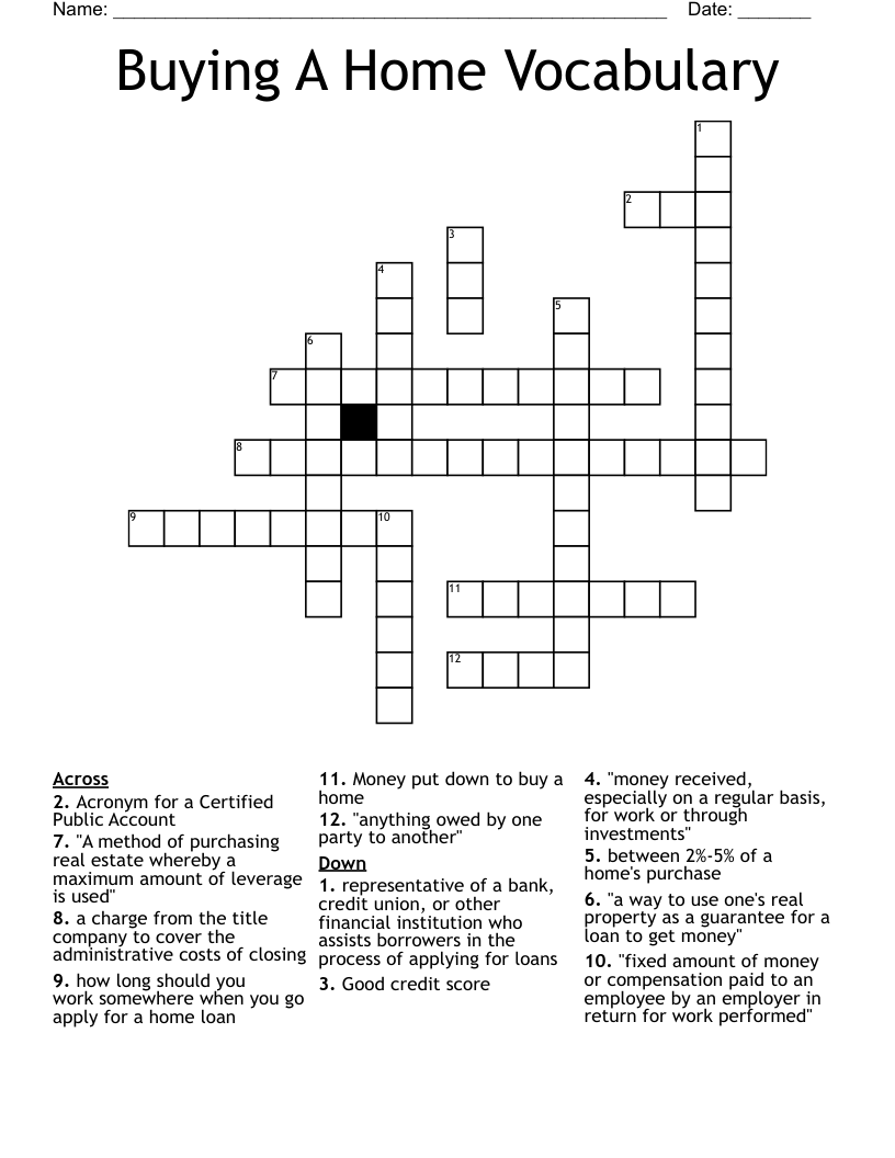 Buying A Home Vocabulary Crossword - WordMint