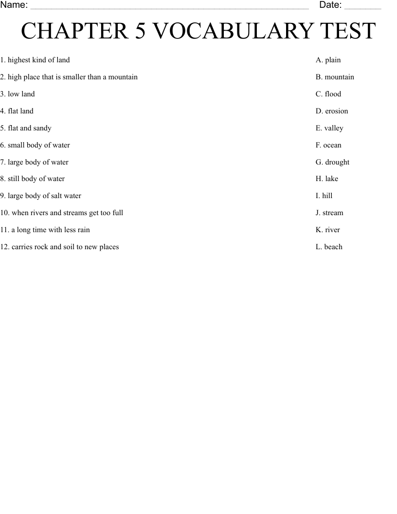 CHAPTER 5 VOCABULARY TEST Worksheet - WordMint