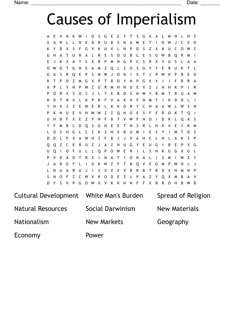 Causes of Imperialism Word Search - WordMint
