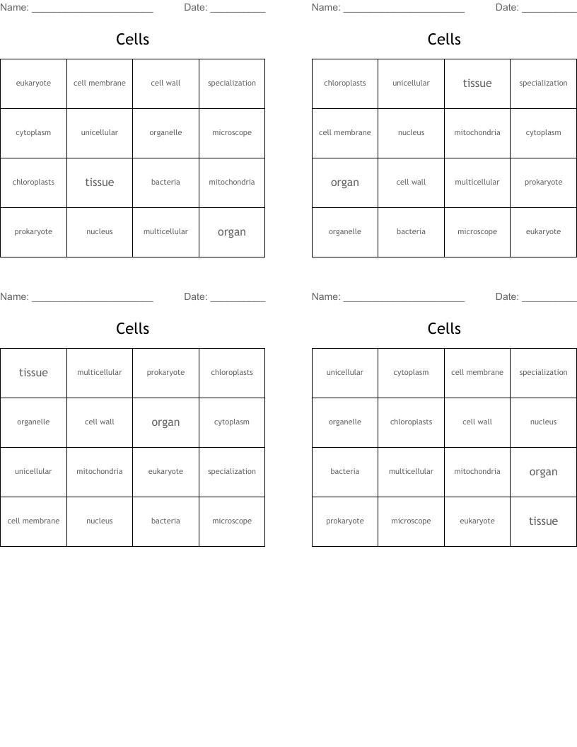 Cells Bingo Cards - WordMint