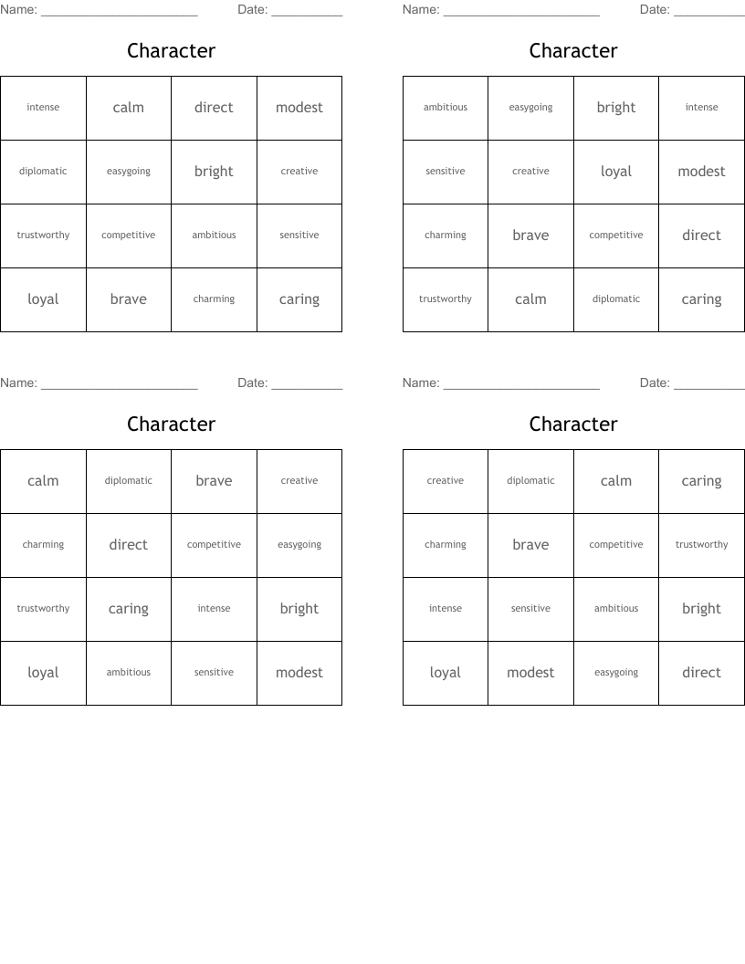 Character Bingo Cards - WordMint