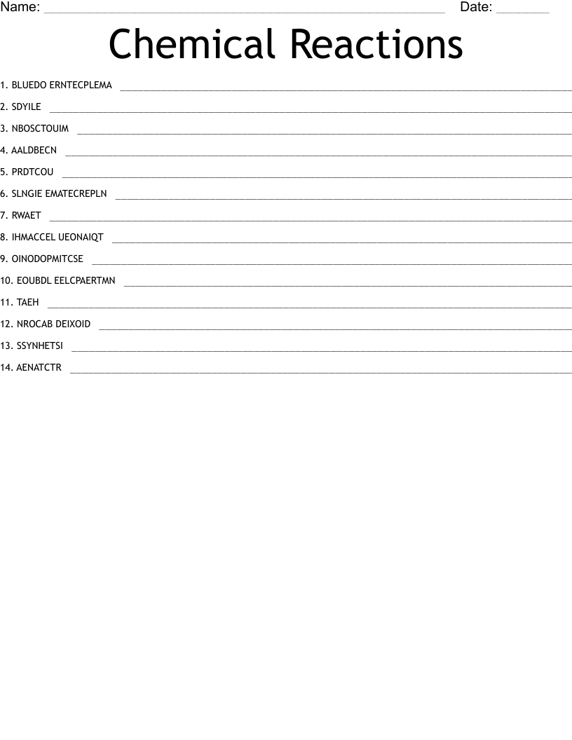 Chemical Reactions Word Scramble - WordMint