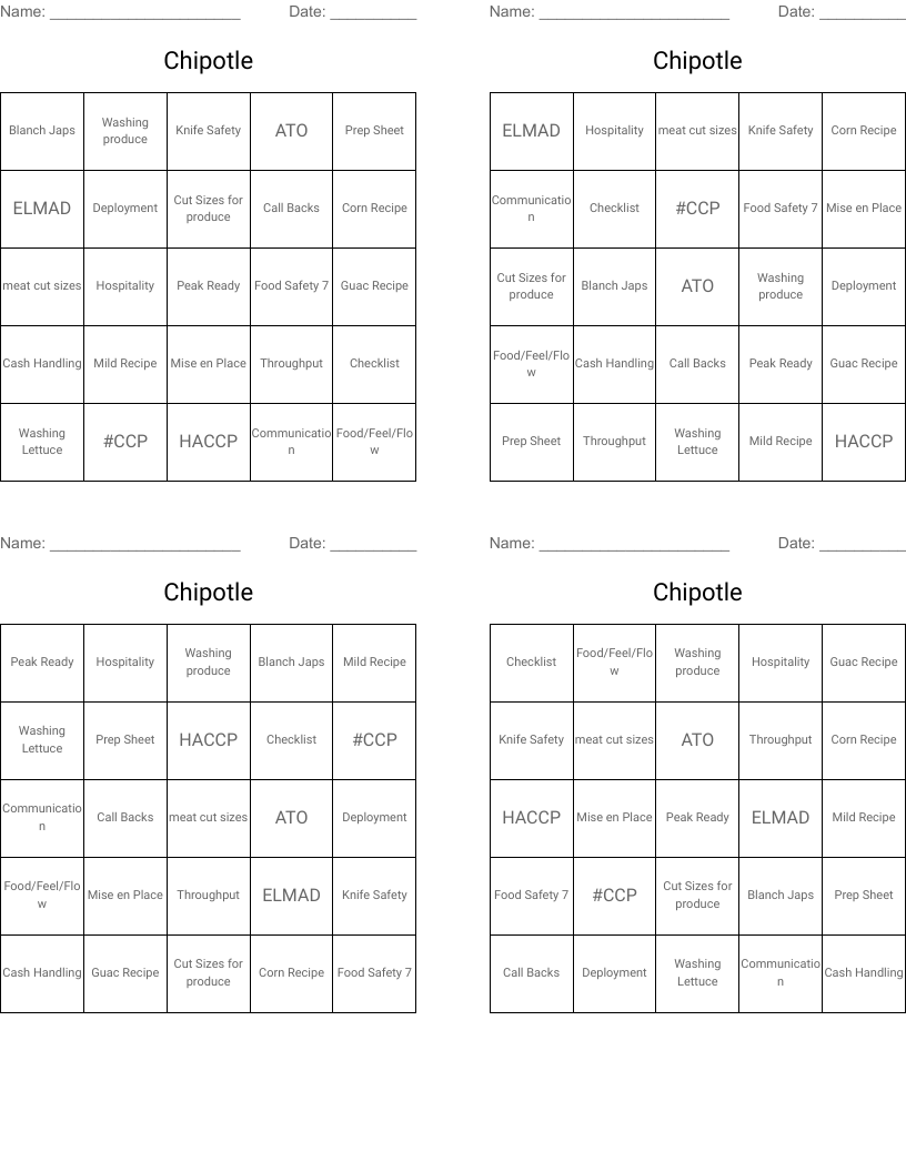 Chipotle Bingo Cards - WordMint