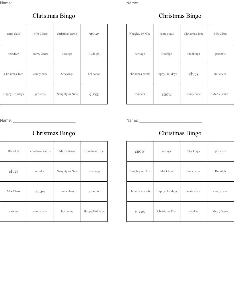 Christmas Bingo - WordMint