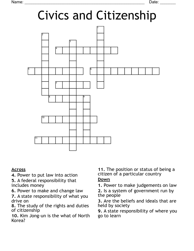 Civics and Citizenship Crossword - WordMint