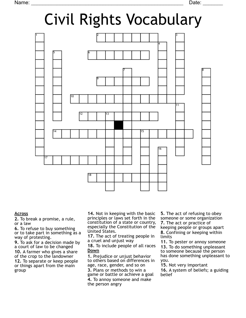 Civil Rights Vocabulary Crossword - WordMint