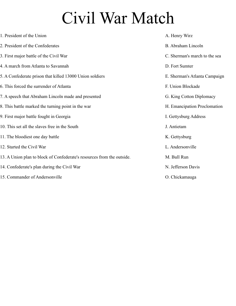Civil War Match Worksheet - WordMint