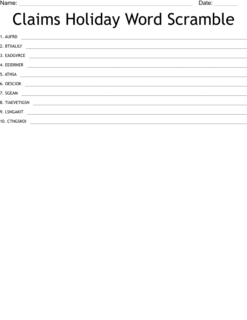 Claims Holiday Word Scramble - WordMint