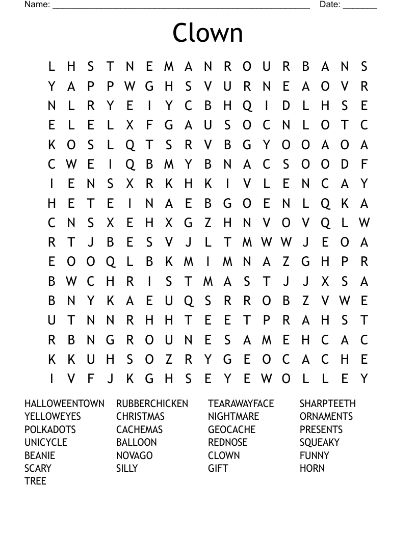 Clown Word Search - WordMint