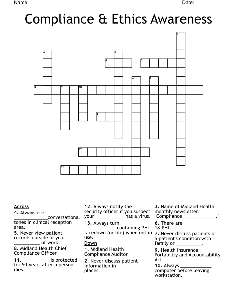 Compliance & Ethics Awareness Crossword - WordMint