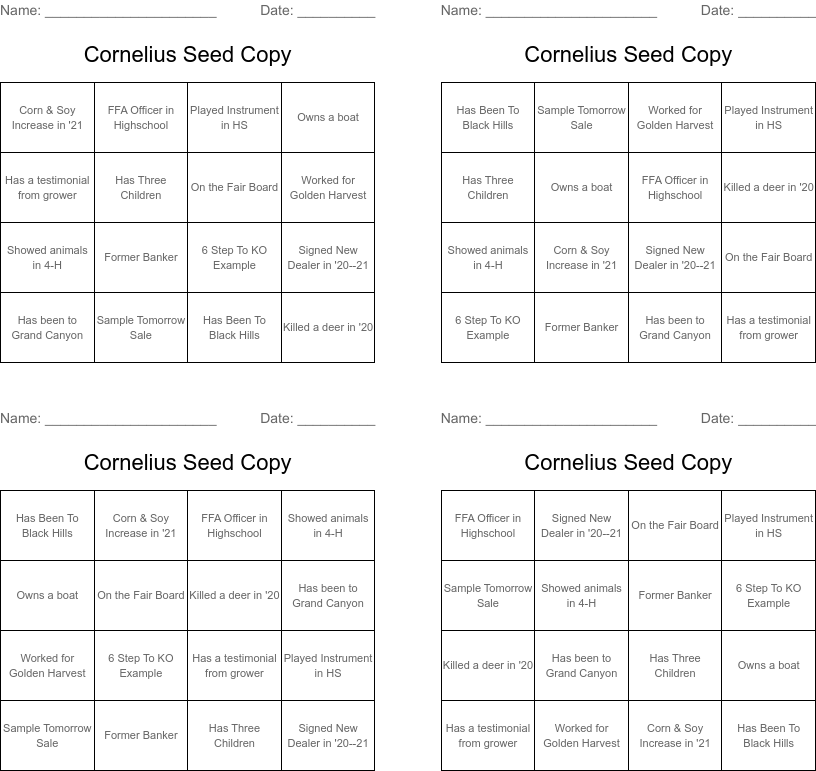 Cornelius Seed Bingo Cards - WordMint