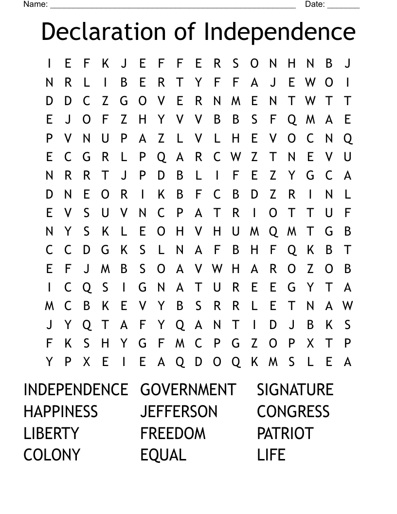 Declaration of Independence Word Search - WordMint