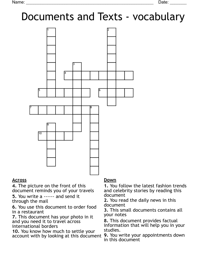 Documents and Texts - vocabulary Crossword - WordMint