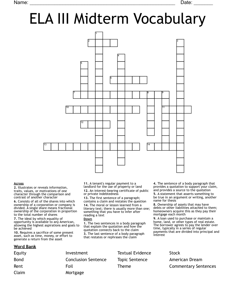 ELA III Midterm Vocabulary Crossword - WordMint