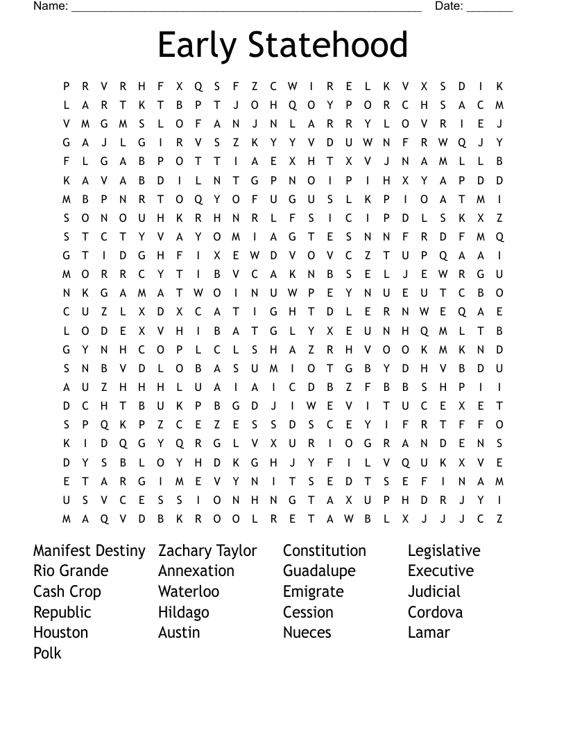 Early Statehood Word Search - WordMint