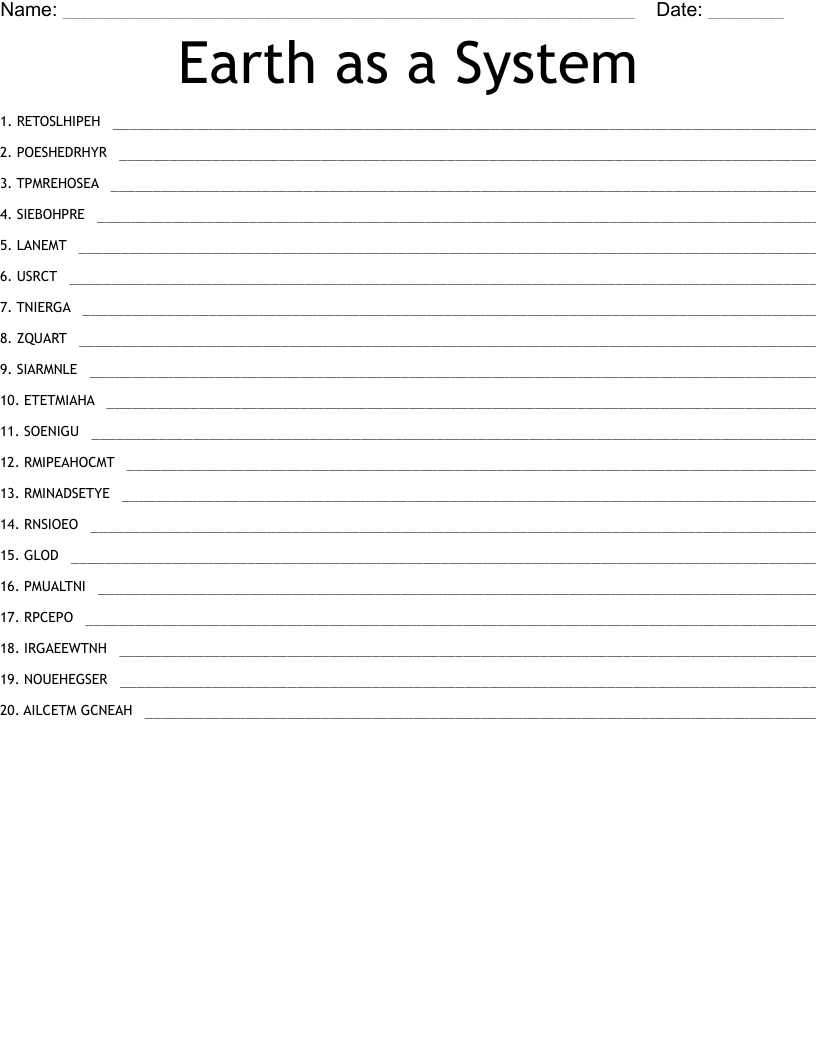 Earth as a System Word Scramble - WordMint