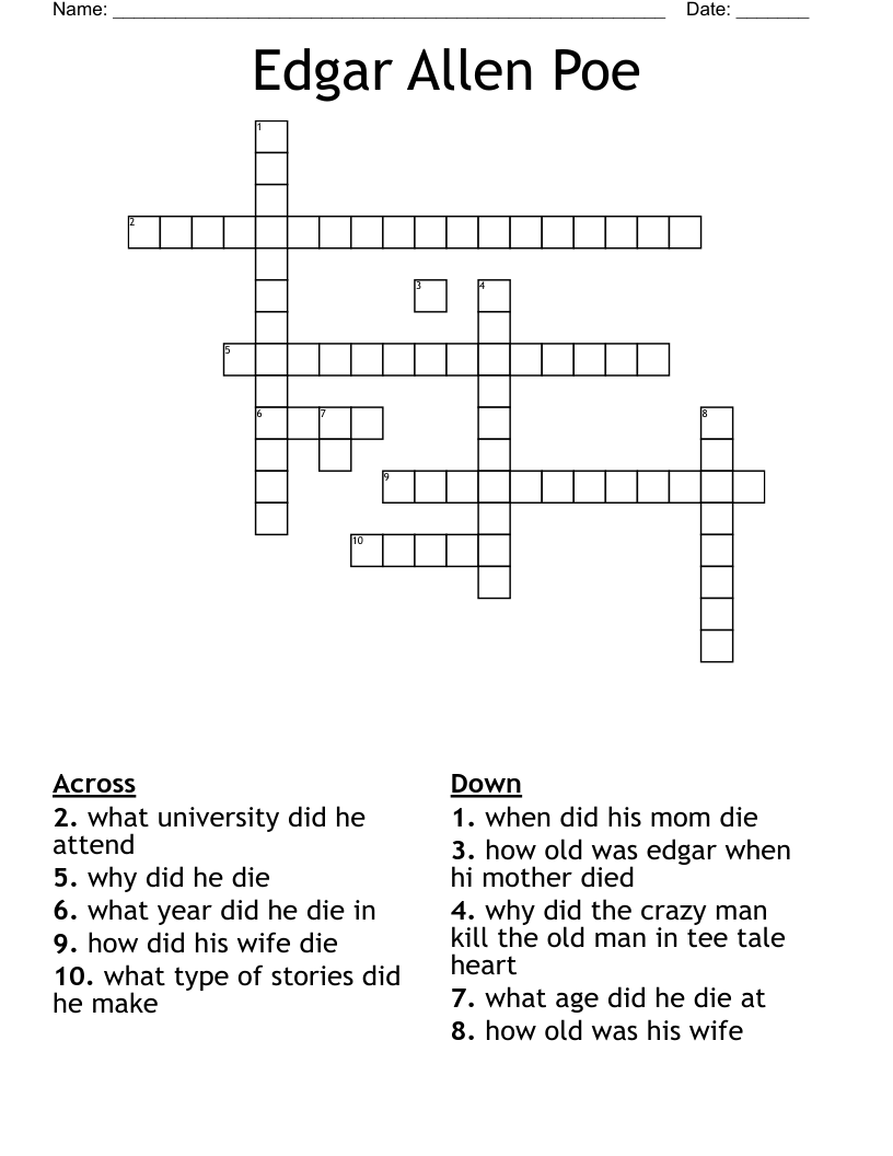 Edgar Allen Poe Crossword - WordMint